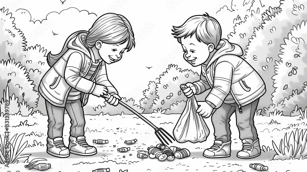 Boy and girl picking up trash in park sketch coloring page for kids ...