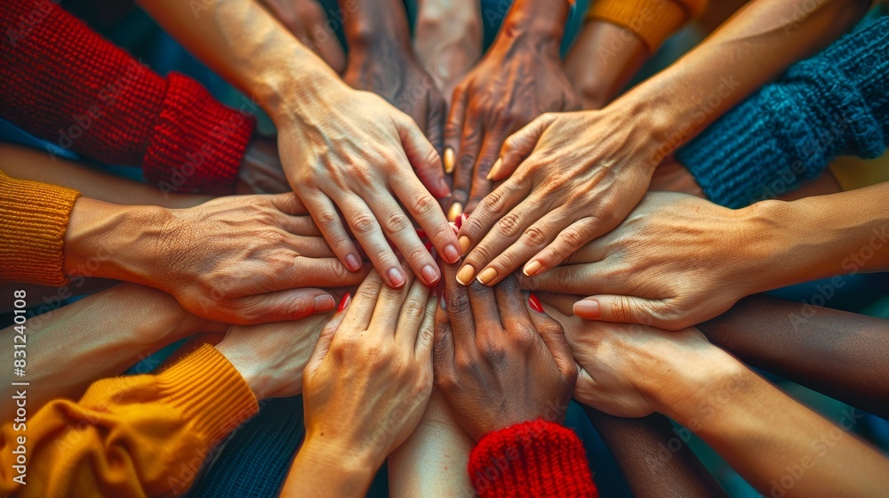 Diverse group of hands joining together in unity and teamwork ...
