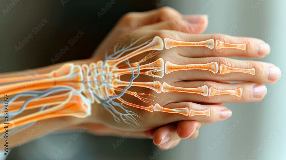 Close-up of human hands with an overlay of anatomical details showing ...
