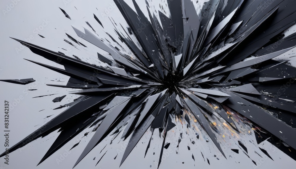 Dynamic image of black glass shards exploding outward, captured mid ...