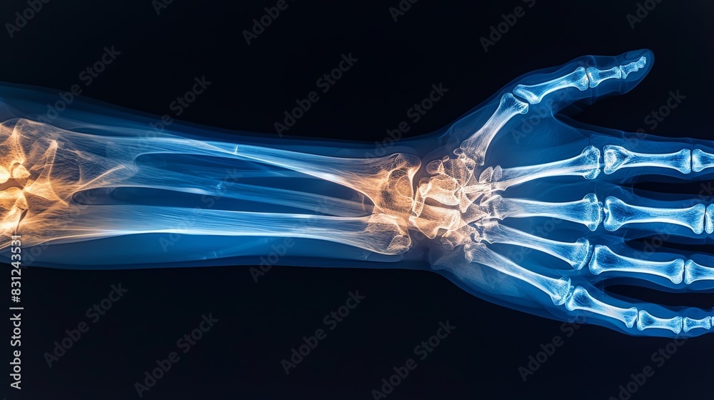 High-resolution X-ray image of a human arm, showing bones in detail ...