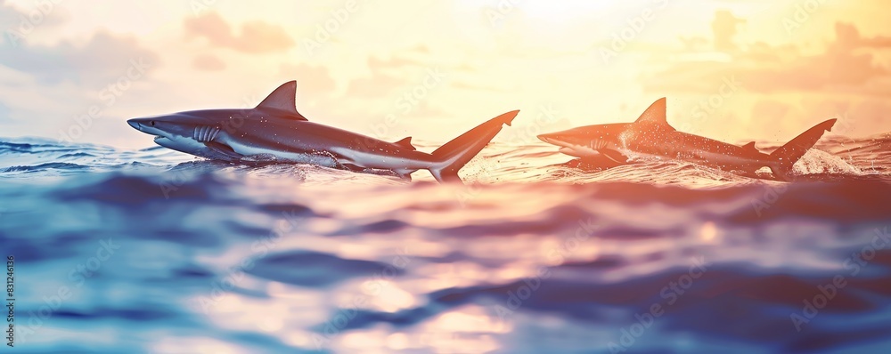 Two sharks swimming in the ocean at sunset, capturing the serene and ...