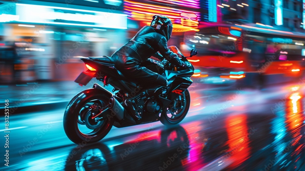 motorcycle, rider, city lights, night, motion blur, speed, urban ...