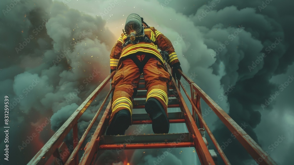 Firefighter climbing a ladder to rescue trapped individuals, front view ...