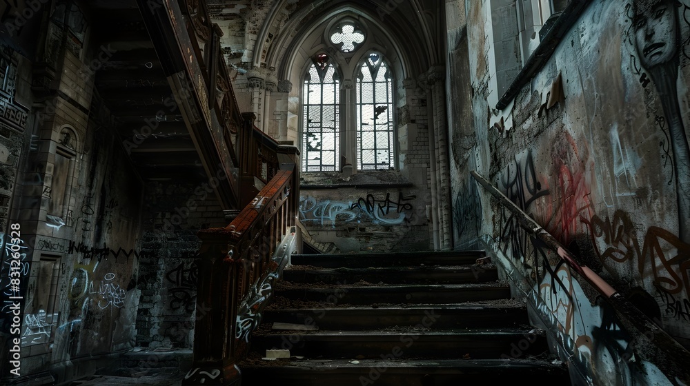 Haunting Staircase in Abandoned Gothic Architecture Interior Stock ...