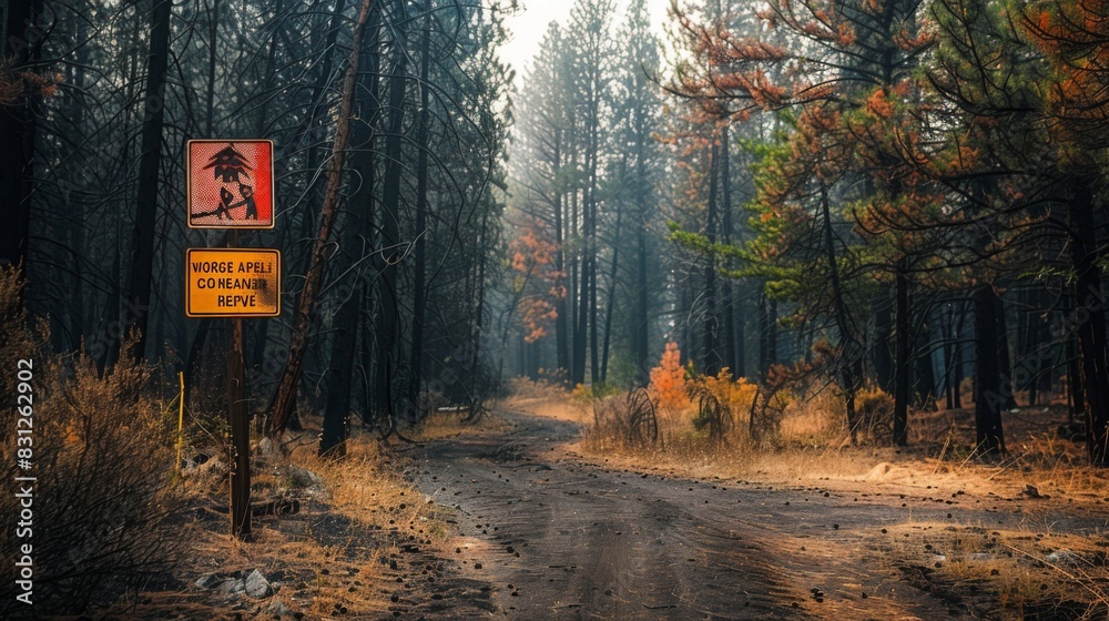 Wildfire evacuation route signs in a forested area, indicating escape ...