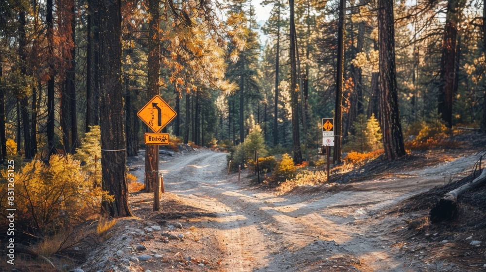 Wildfire evacuation route signs in a forested area, indicating escape ...