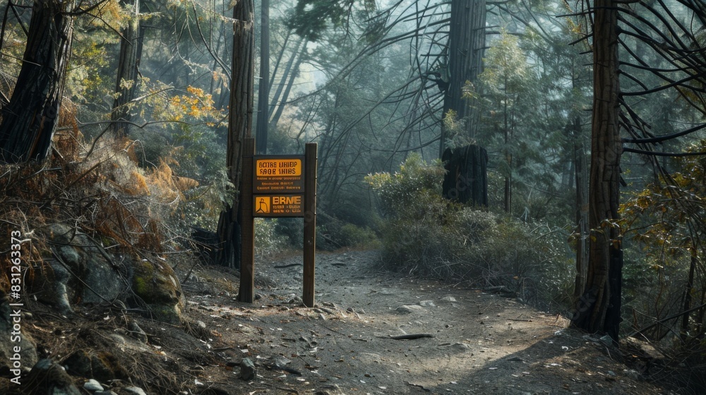 Wildfire evacuation route signs in a forested area, indicating escape ...