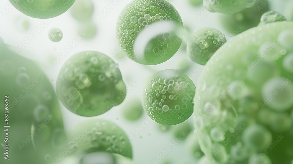 green spheres touching eachother and deforming, various and shades of ...