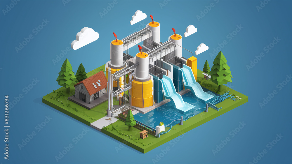 cute isometric 3D illustration of side view hydroelectric power station ...