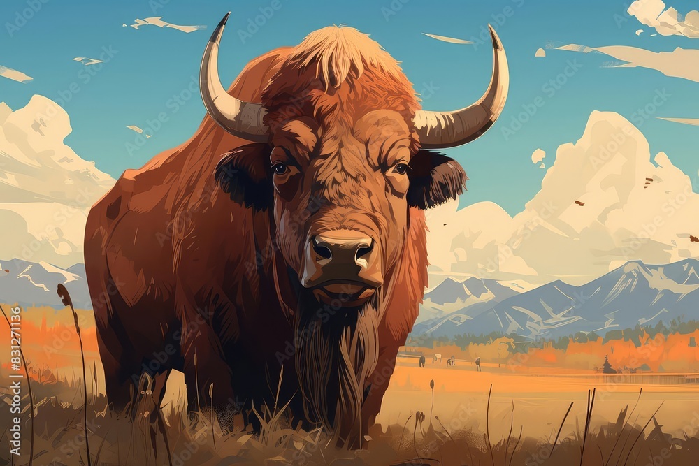 Bison in prairie, flat design, side view, plains theme, animation ...