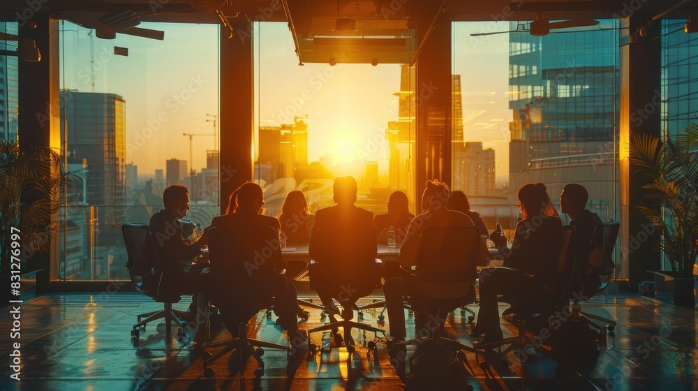 Silhouettes of employees engaged in a lively discussion around a ...