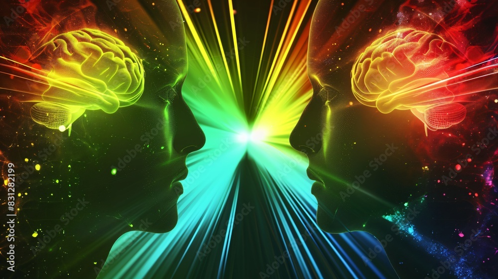 Two human heads facing each other with the glowing centers of their ...