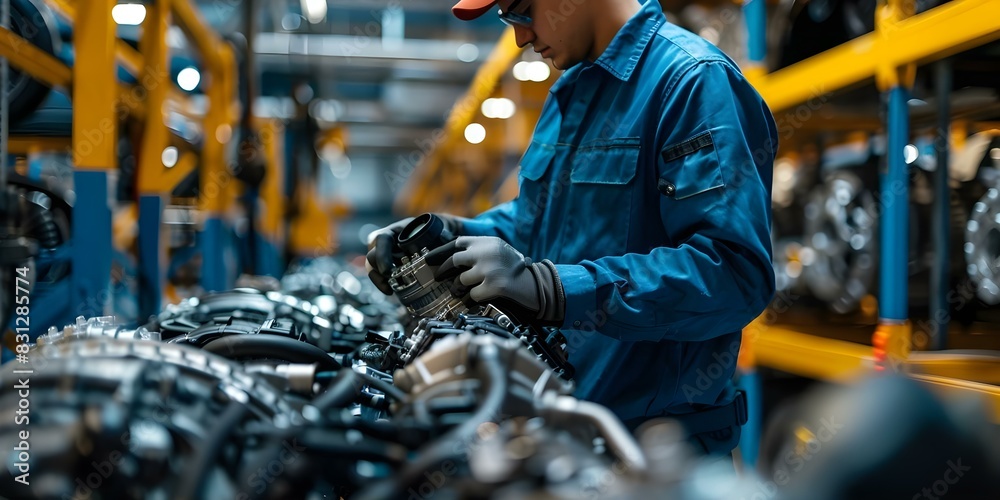 Inspecting car engines for quality control: Closeup of warehouse worker ...