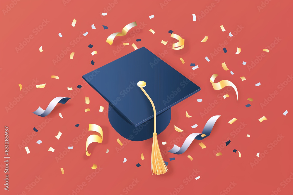 University degree hats and fireworks on a flat and solid color ...