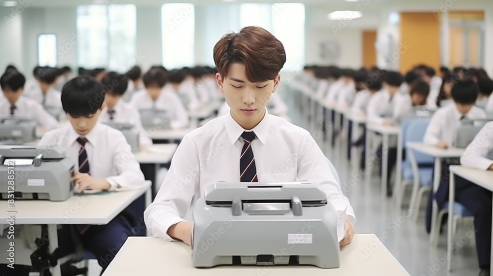 Asian male students taking exam in traditional asian classroom setting ...