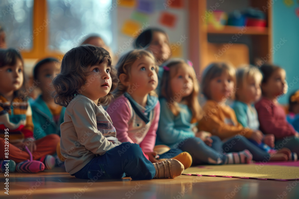 Little children in kindergarten sitting on the ground listen carefully ...