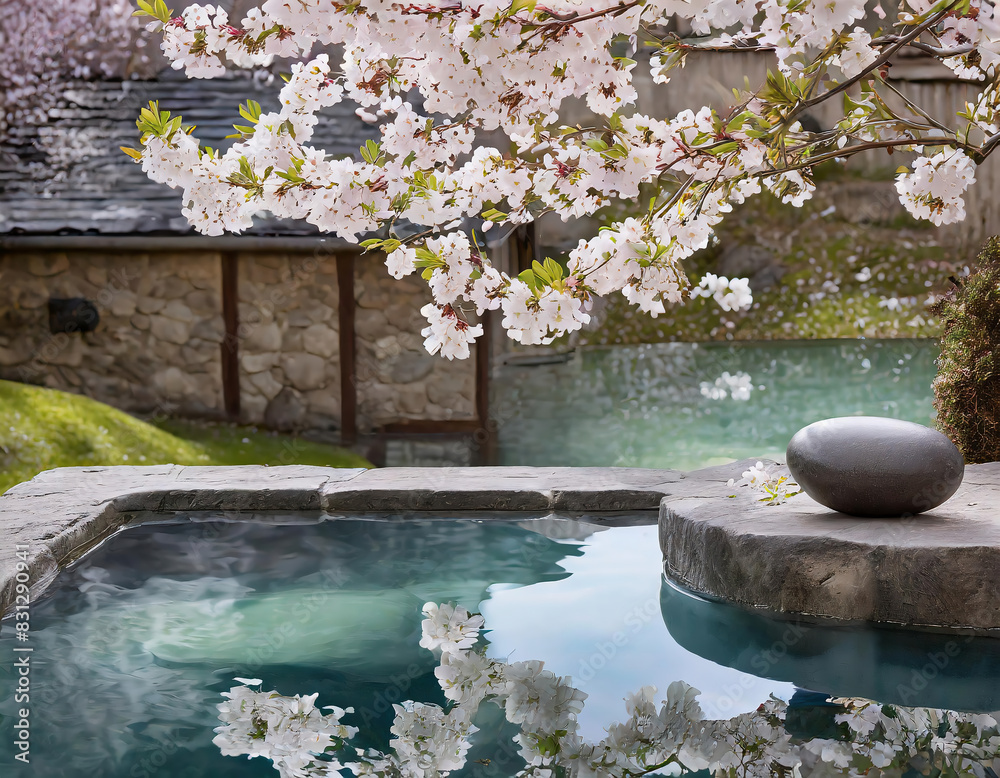 Japanese spa garden with cherry blossoms in full bloom and an elegant ...