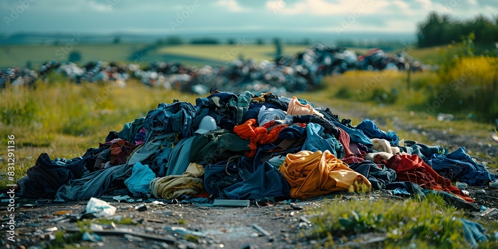 Foto de Pile of discarded clothes in landfill wide shot. Concept ...