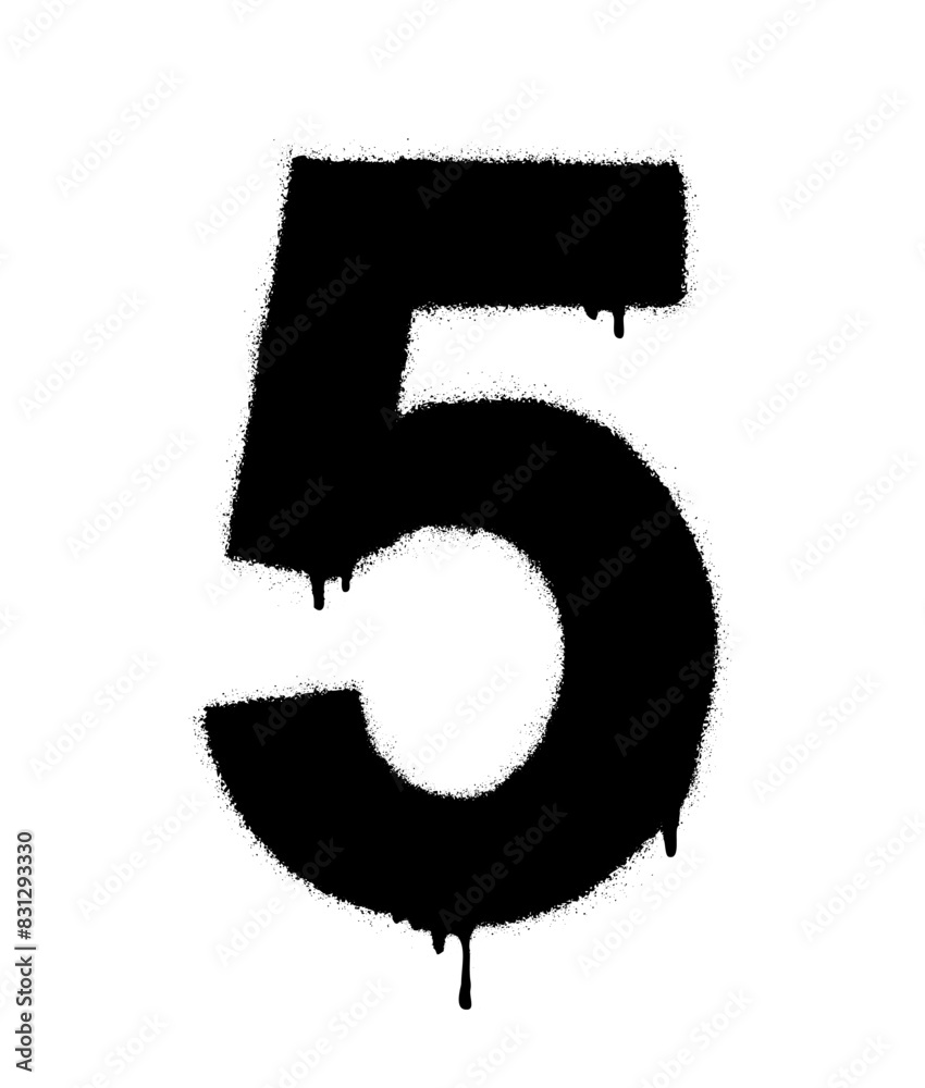 Stencil with the number 5 with paint smudges. Black symbol on a white ...