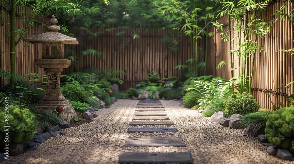 Tranquil zen garden pathway with stone lantern, surrounded by lush ...