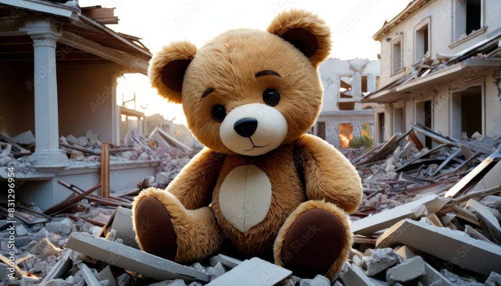 A large teddy bear sits amidst the rubble of destroyed buildings. The ...