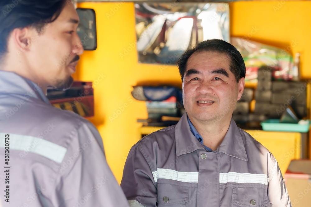Asian male mechanic talking with senior mechanic in auto repair shop ...