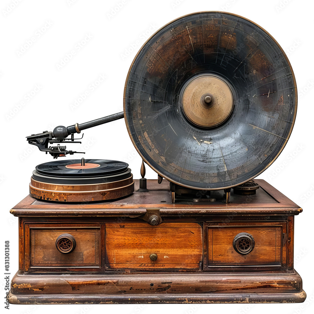 Antique wooden phonograph with a large horn speaker and a turntable ...