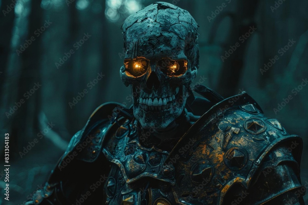 Sinister skeletal warrior in a dark forest, glowing eyes, rusted armor ...