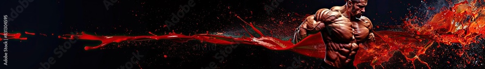 Muscular bodybuilder in a vibrant red splash isolated on a dark ...