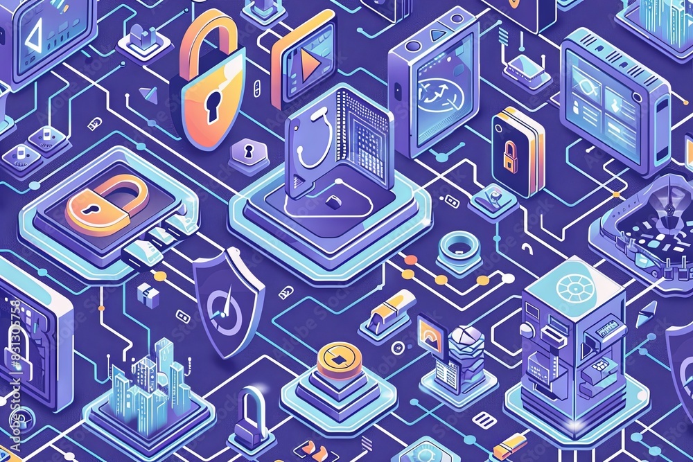Isometric doodle of cyber security protection, featuring intricate ...