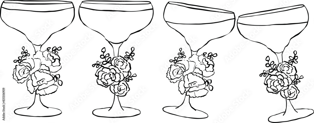 Pares de copas ilustradas a mano. Copas decoradas con flores. Copas de ...