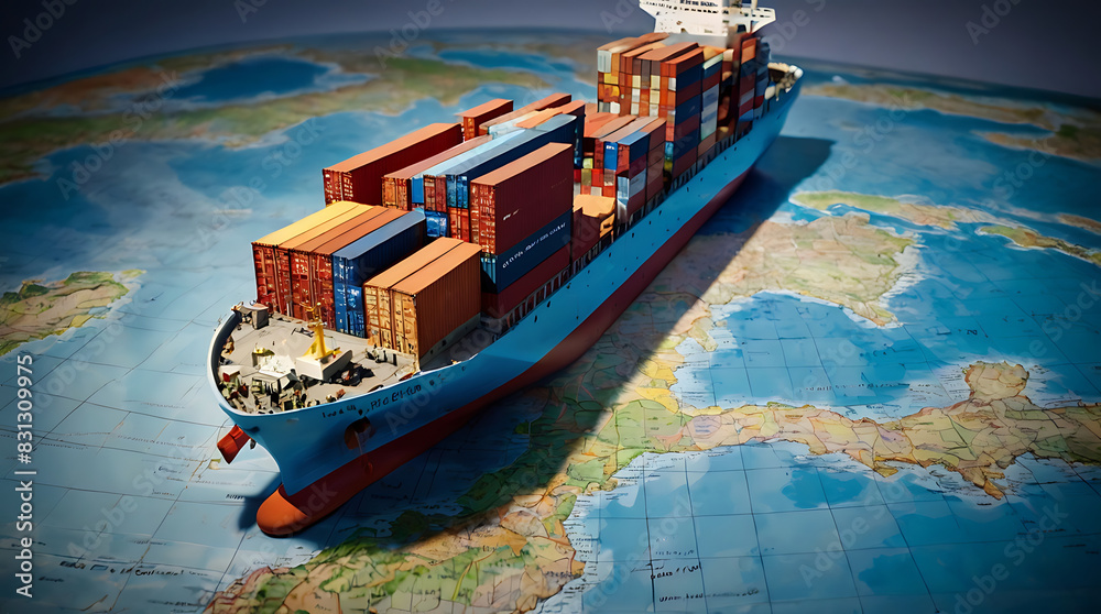 A concept image of a container ship model placed on a world map ...