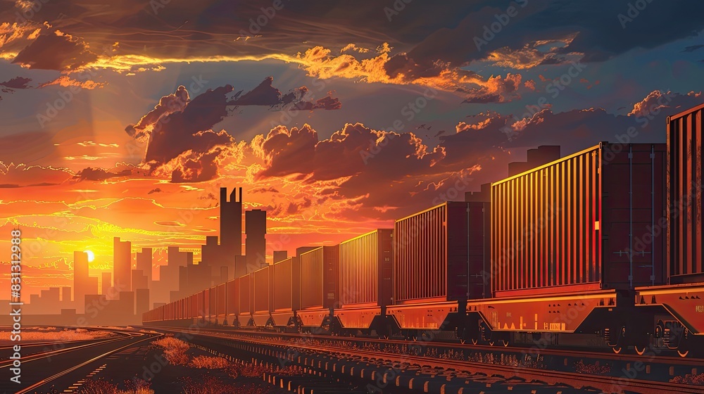 Freight train at sunset, with the silhouette of cargo containers and a ...
