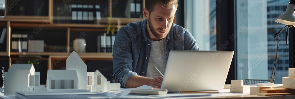 Architect's typing on a laptop keyboard, with architectural software ...