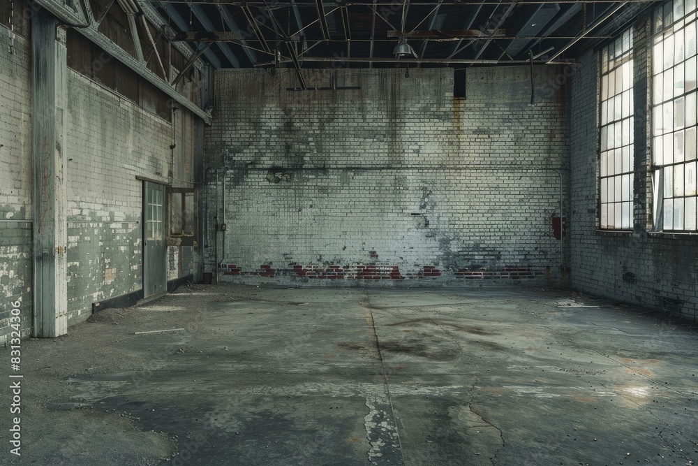 Exploring the abandoned interior of a large industrial warehouse with ...
