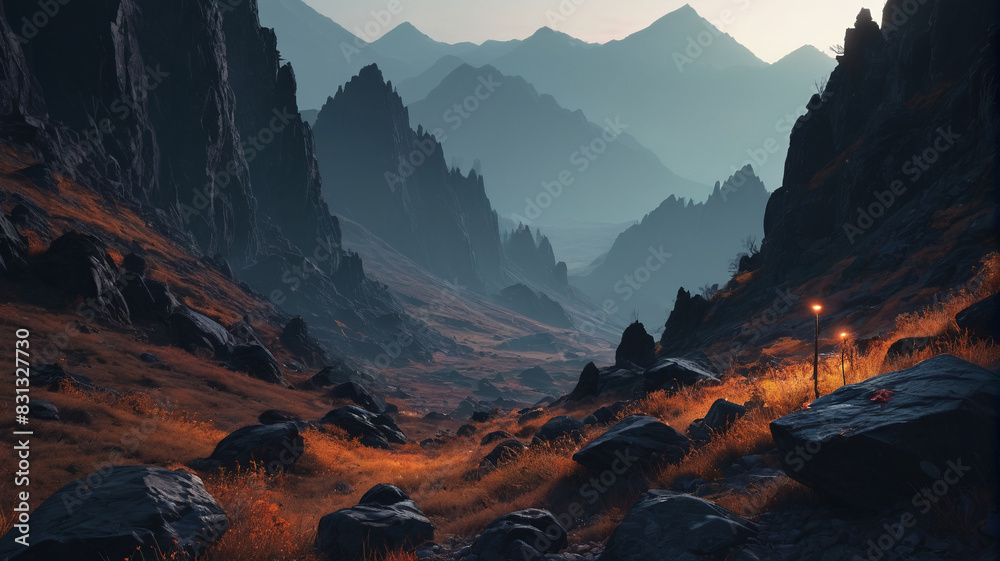 Amidst the Haunted Mountains, predatory beings with eyes that glow in ...