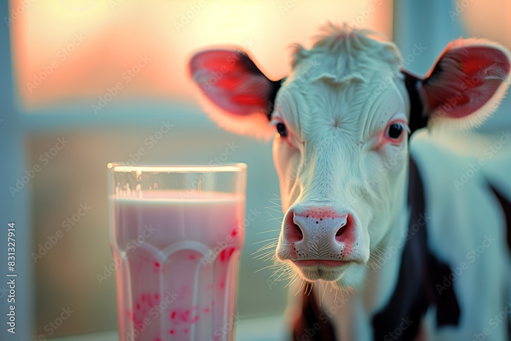 Cow and glass of milk at sunset. Curious cow with a peaceful expression ...