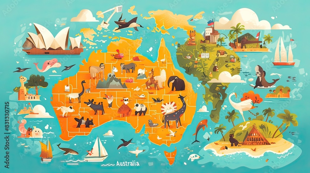 Educational "Australia" map illustration for kids, colorful scheme ...
