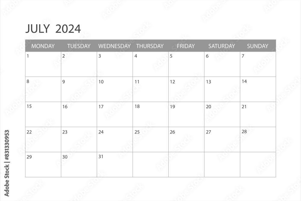 Calendar for July 2024. The week starts on Monday. Glider Stock Vector ...