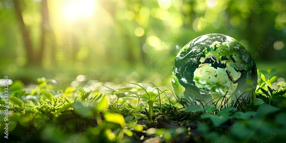 Global ecology concept with earth globe in natural setting promoting ...