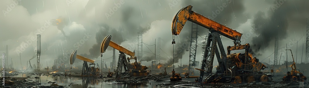 Robots extracting oil in a war-torn landscape, dystopian future, dark ...