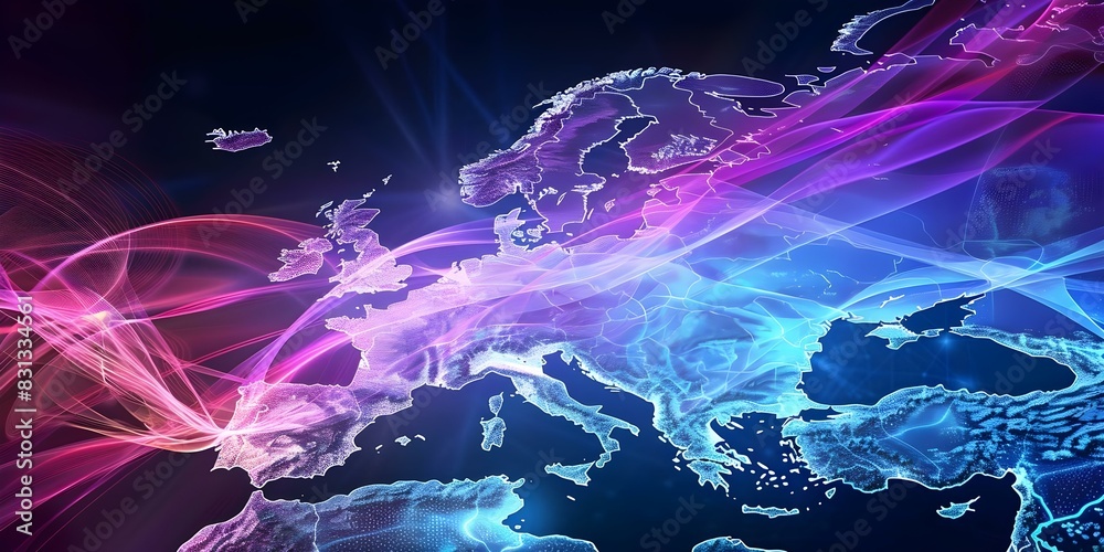 Digital map of Western Europe showing global network connectivity and ...