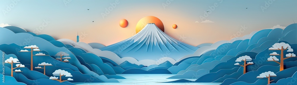 Mount Fuji, paper-cut style, infographic layout, serene colors, flat ...