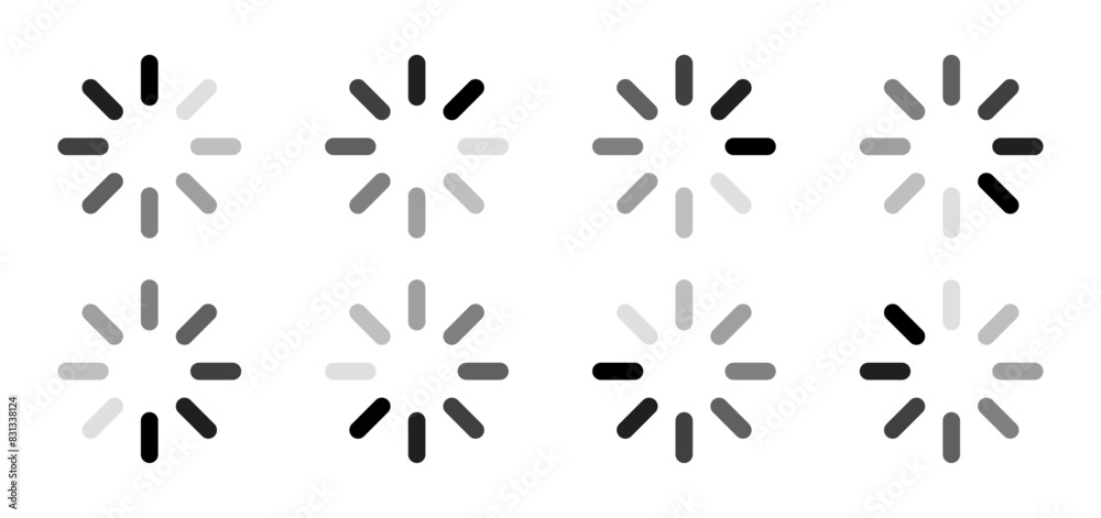 Rounded rectangular loading indicator buffering symbols with eight ...