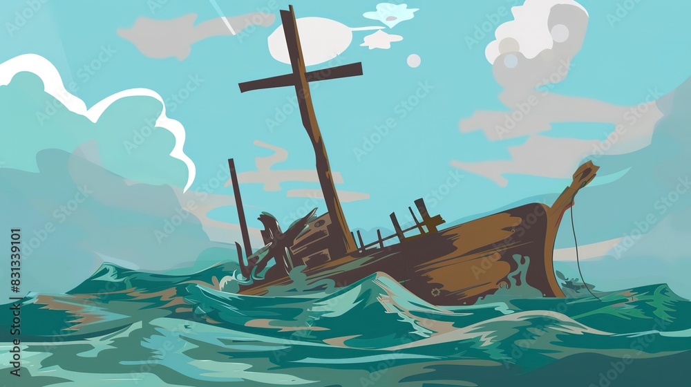 Holy shipwreck flat design front view spiritual theme water color ...