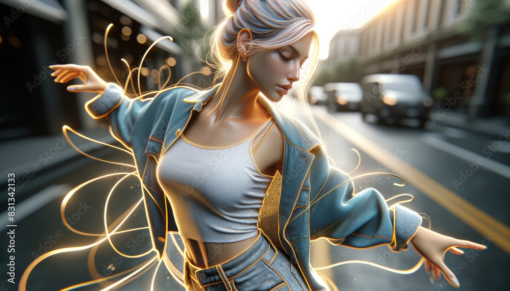Woman dancing gracefully in an urban setting with light trails, wearing ...