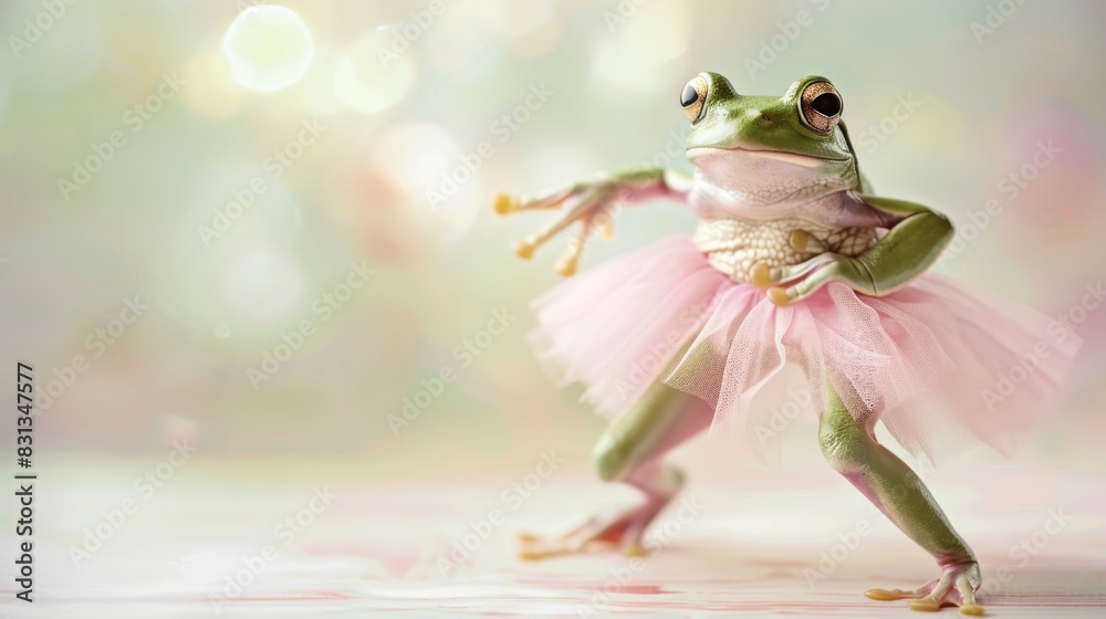 cute frog wearing a pink tutu dancing ballet on a light pastel ...