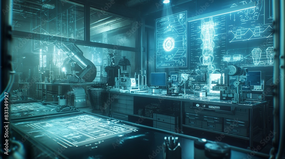 An advanced laboratory filled with intricate, floating holographic ...