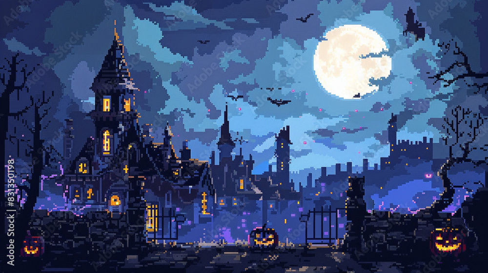 2d pixel art of scary castle with pumpkin at night, Halloween theme ...